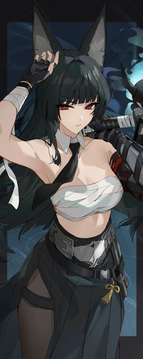 kanniiepan zenless zone zero hoshimi miyabi animal ears bandages kitsune pantyhose sarashi sword ...